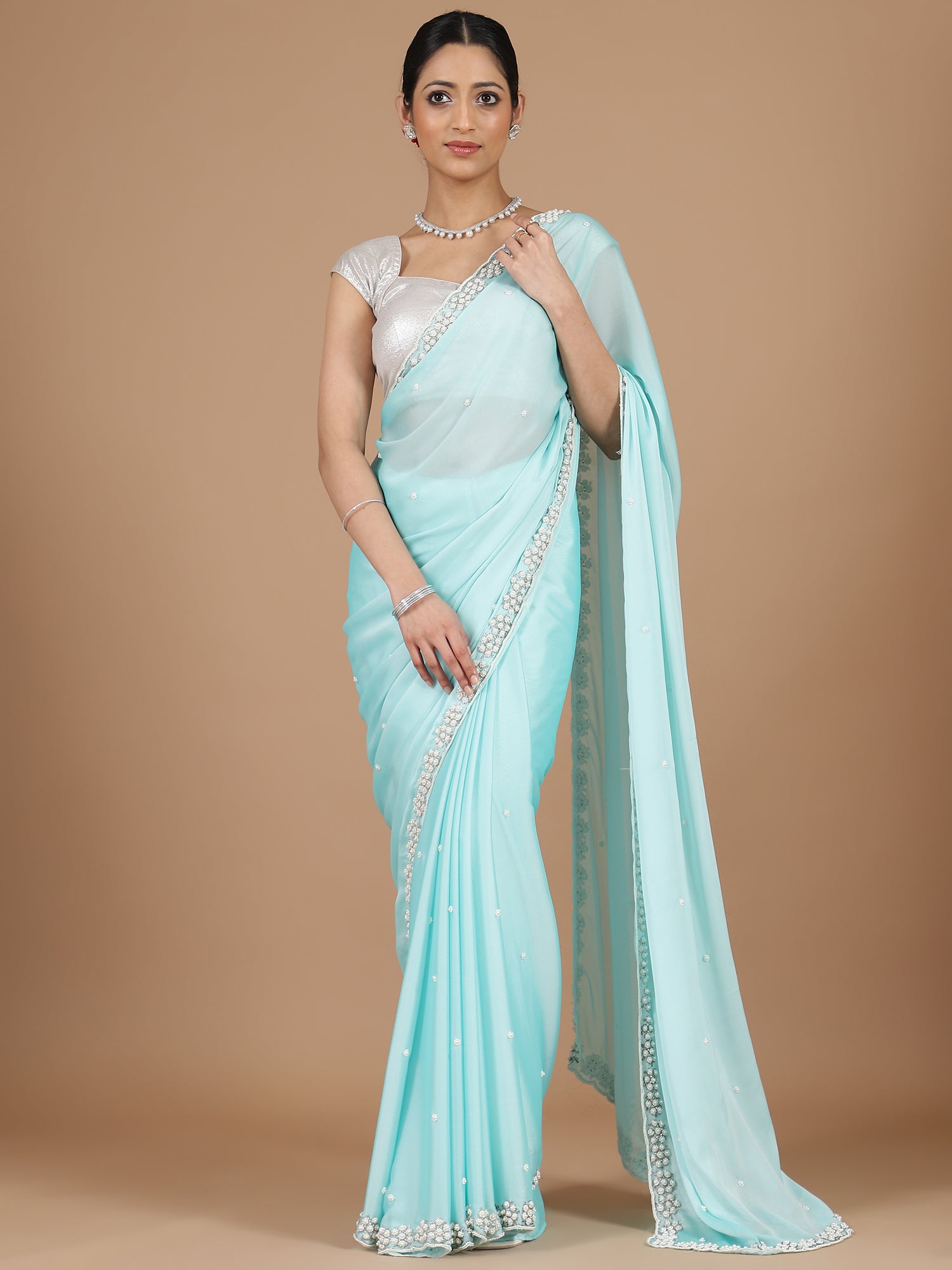 Sky Blue Georgette Saree with Scallop Edges & Pearl Embroidery – Diva