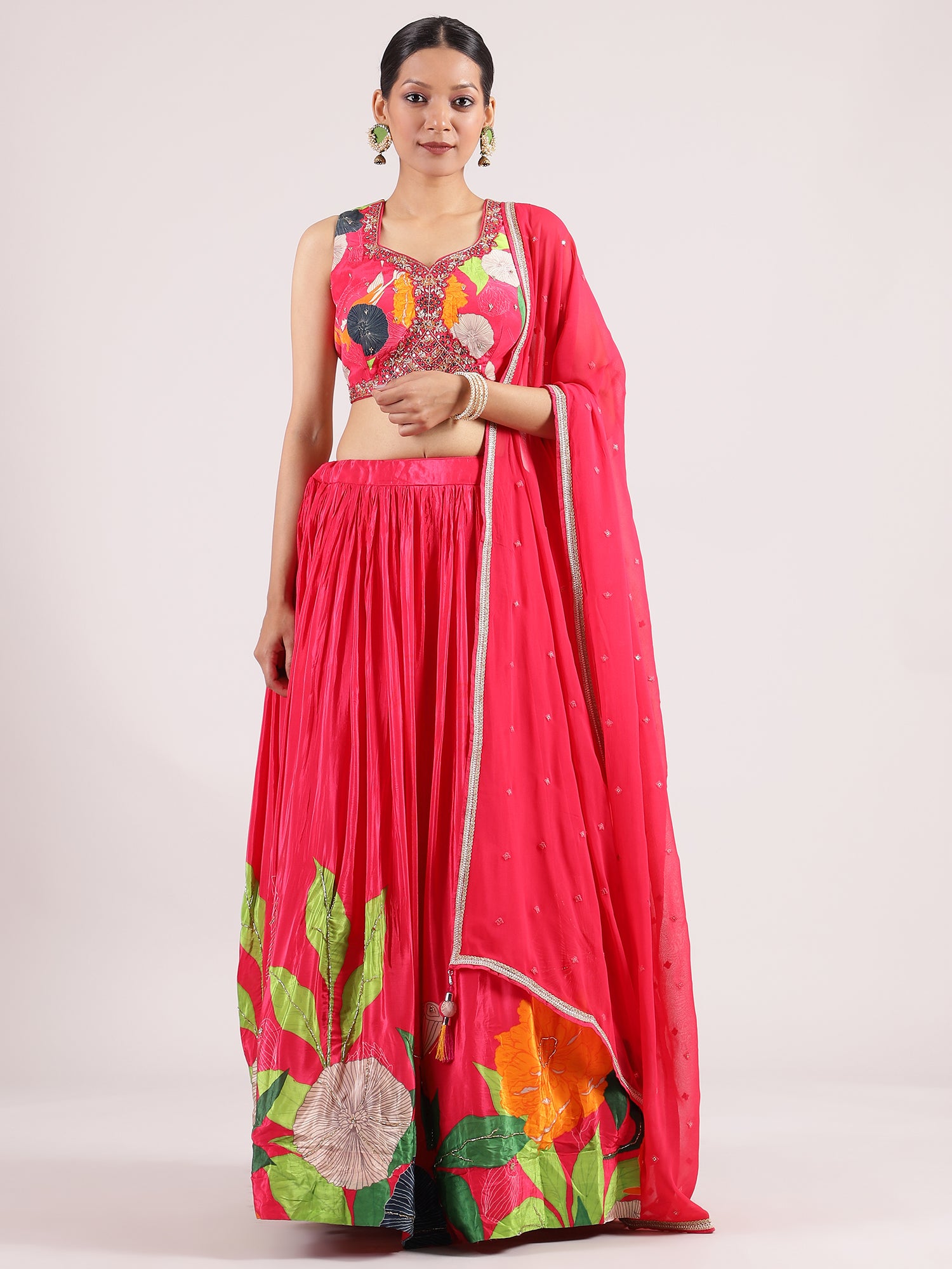 Enchanting Rani Pink Digital Print Silk crepe Lehenga with Sparkling C ...